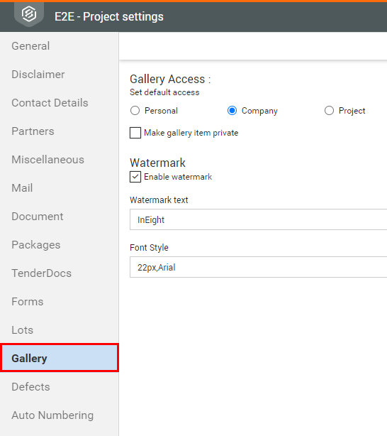 InEight Document - Project Settings