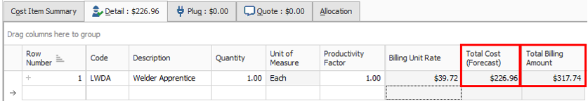 InEight Estimate on Premise - Cost vs. Billing rates comparison