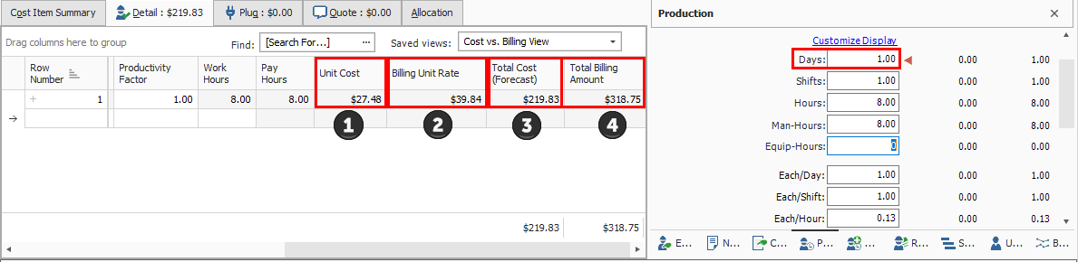 InEight Estimate - Cost vs. Billing rates comparison