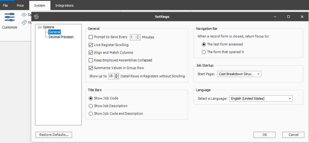 System Settings Options