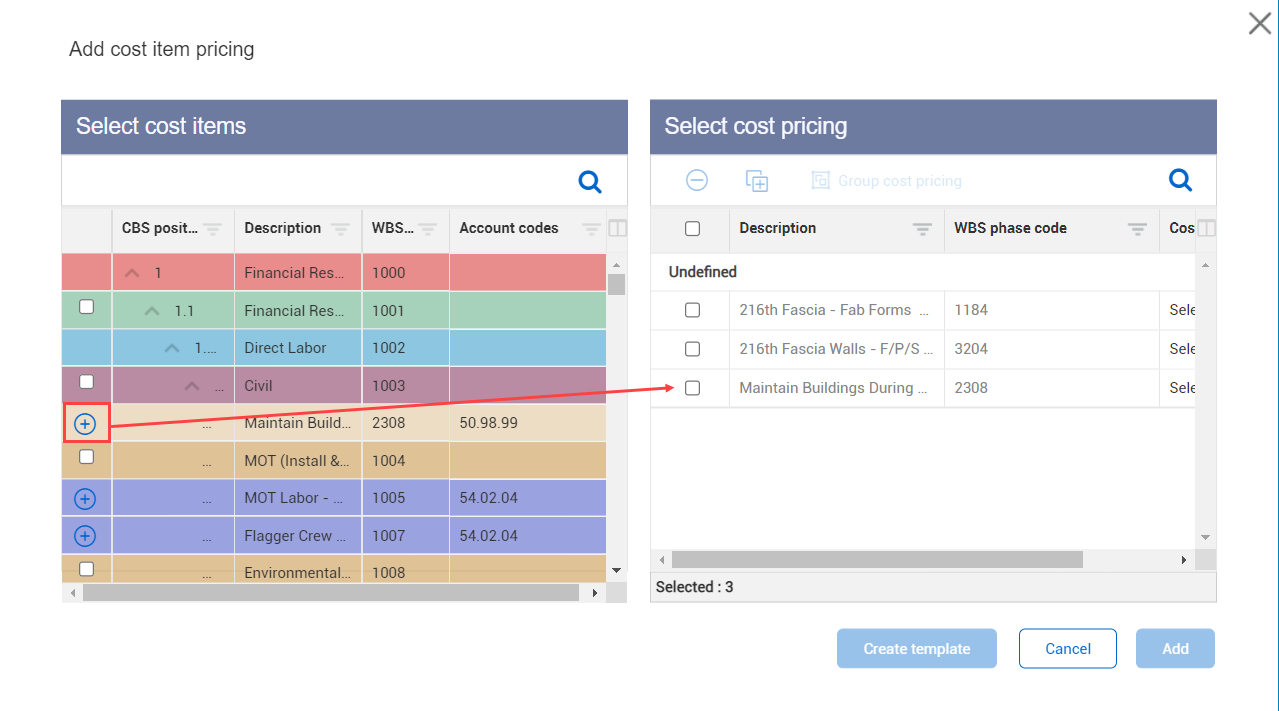 Cost item pricing tab
