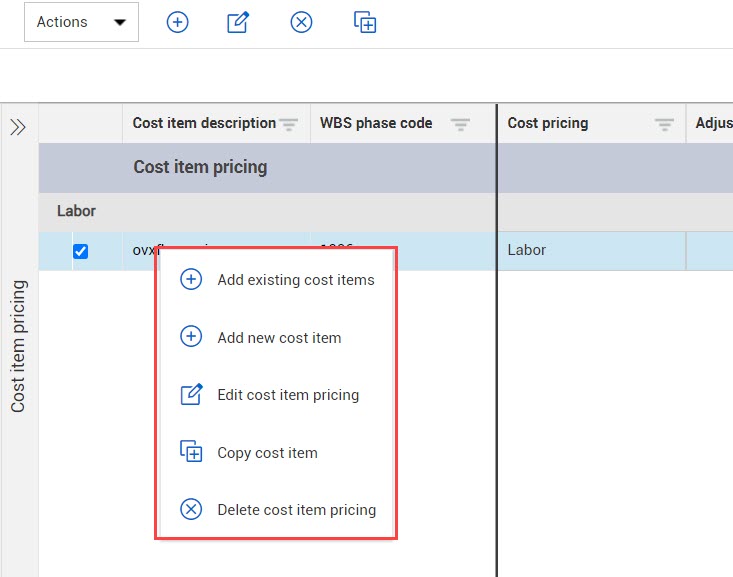 Cost item pricing tab