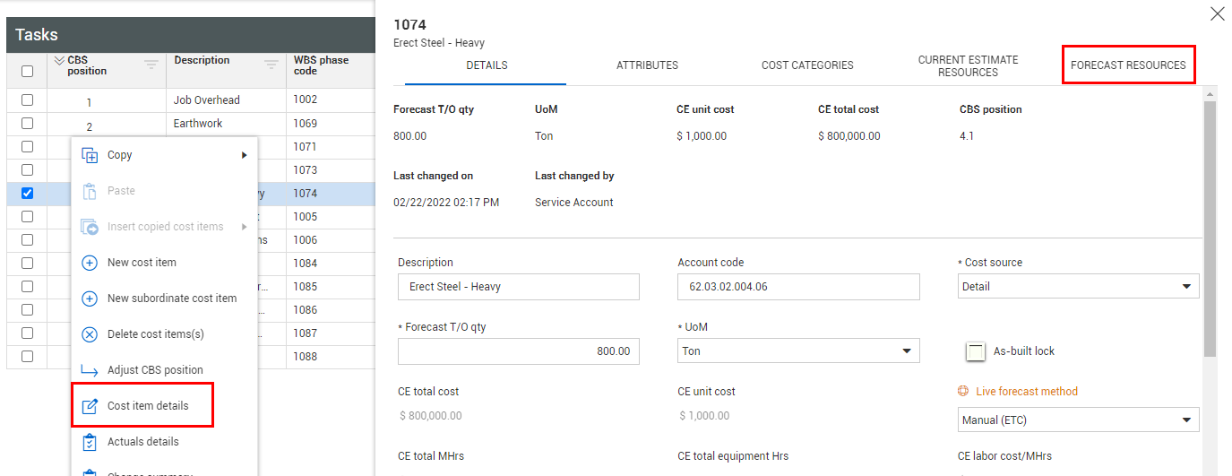 InEight Control - Cost Item Details