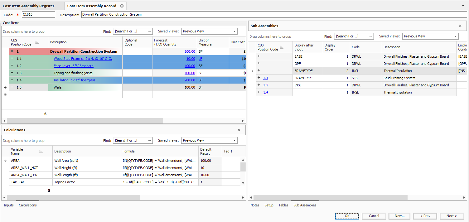 Cost Item Sub-Assemblies