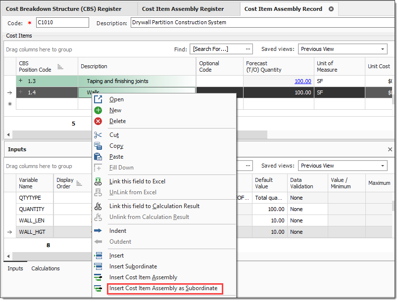 Cost Item Sub-Assemblies