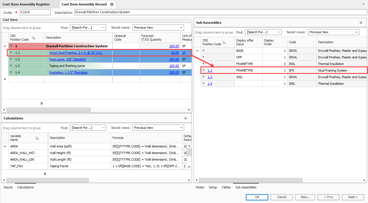 Cost Item Sub-Assemblies