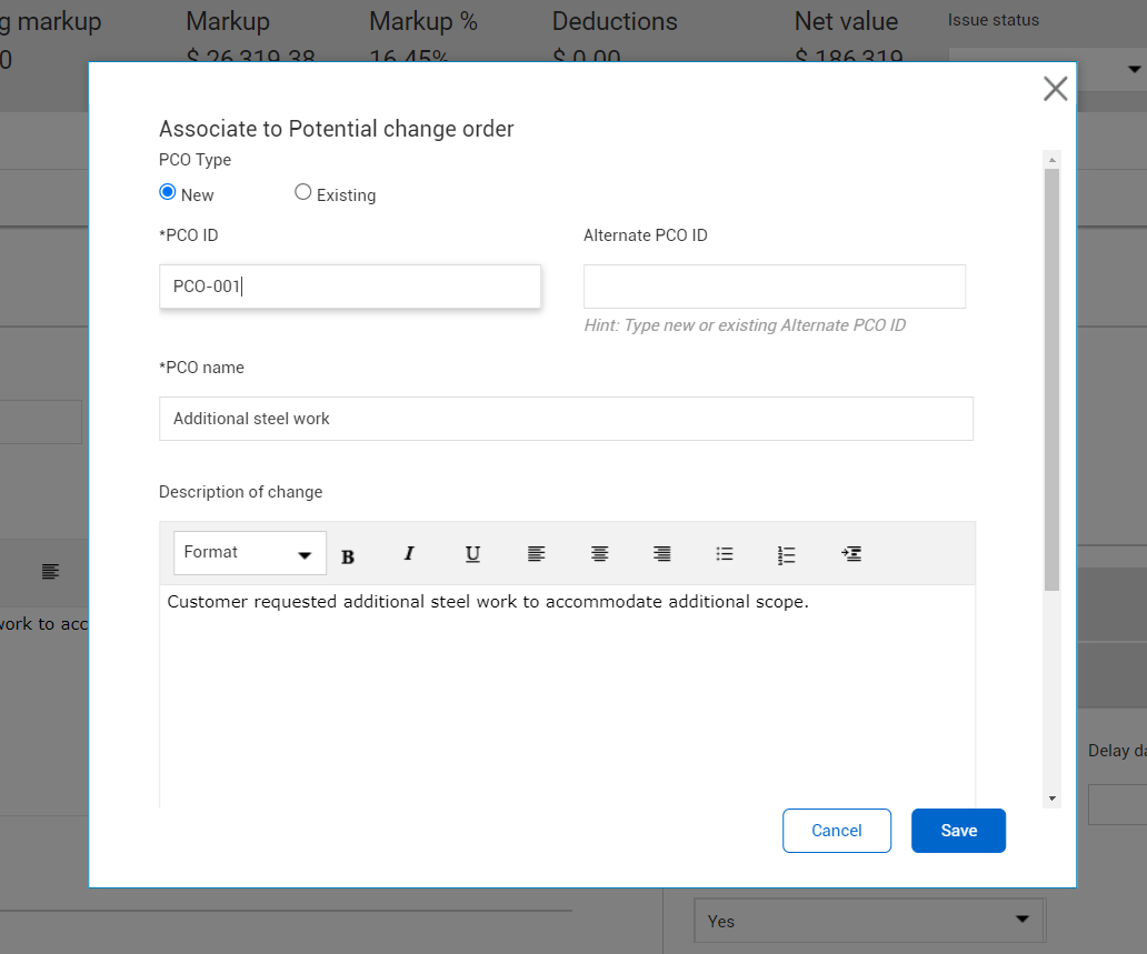 Convert Issue to Potential Change Order (PCO)