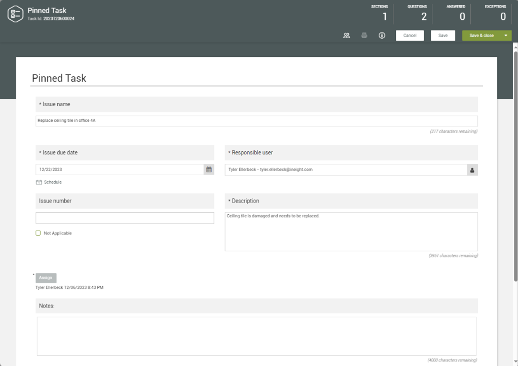 Pinned tasks overview